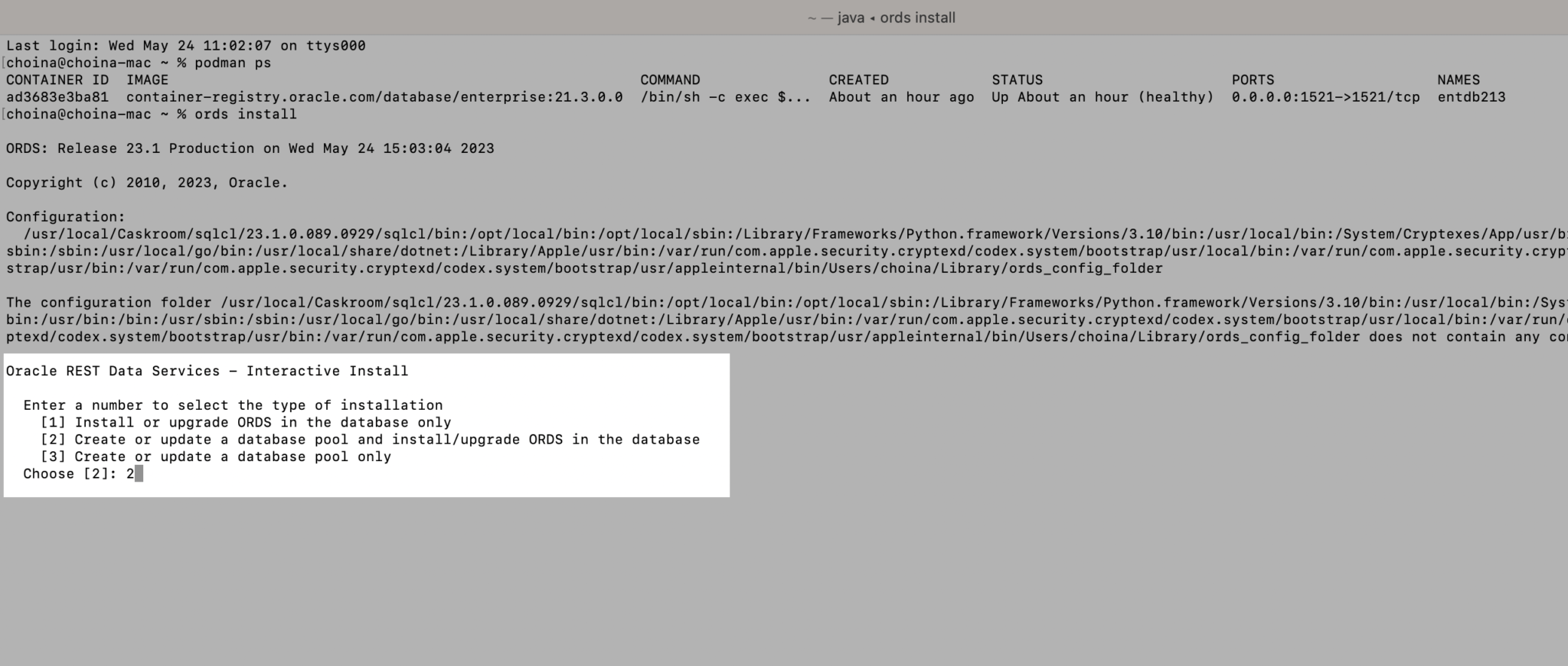User Guide: Oracle database in a Podman container, install ORDS locally, and access a SQL ...