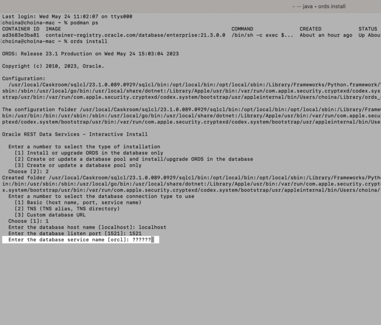 User Guide: Oracle database in a Podman container, install ORDS locally, and access a SQL ...