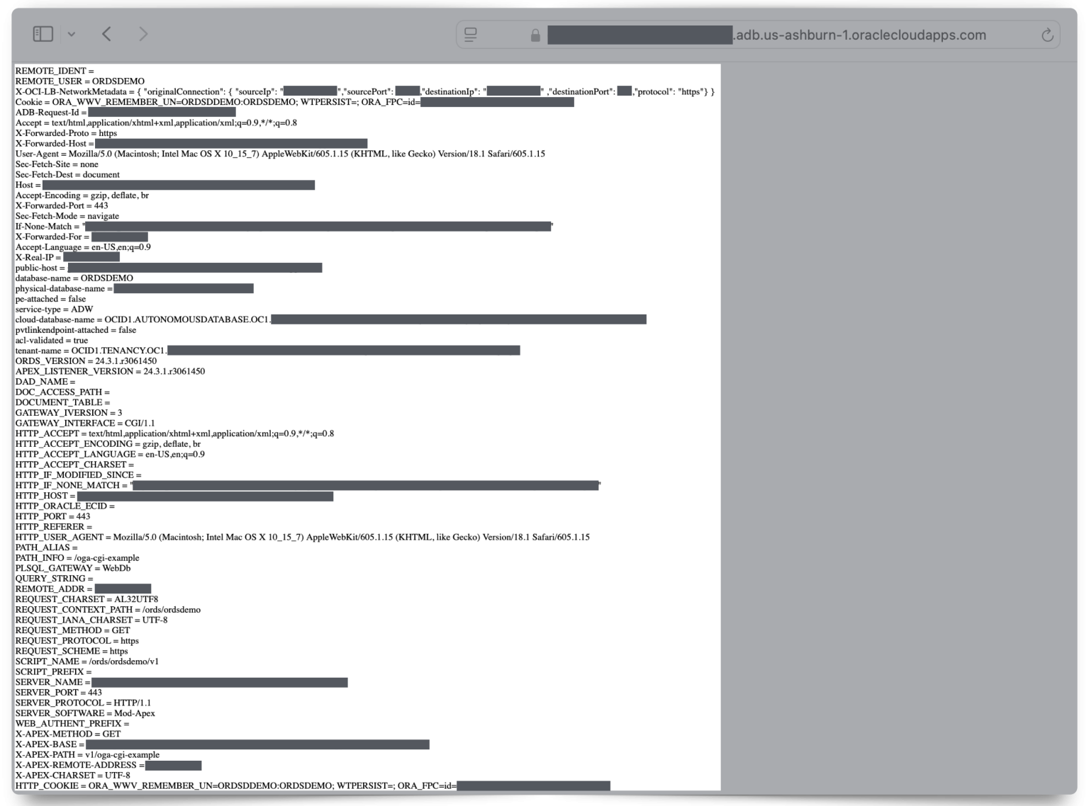 An ORDS GET request to retrieve CGI Environment variables from the PRINT_CGI_ENV PL/SQL ...
