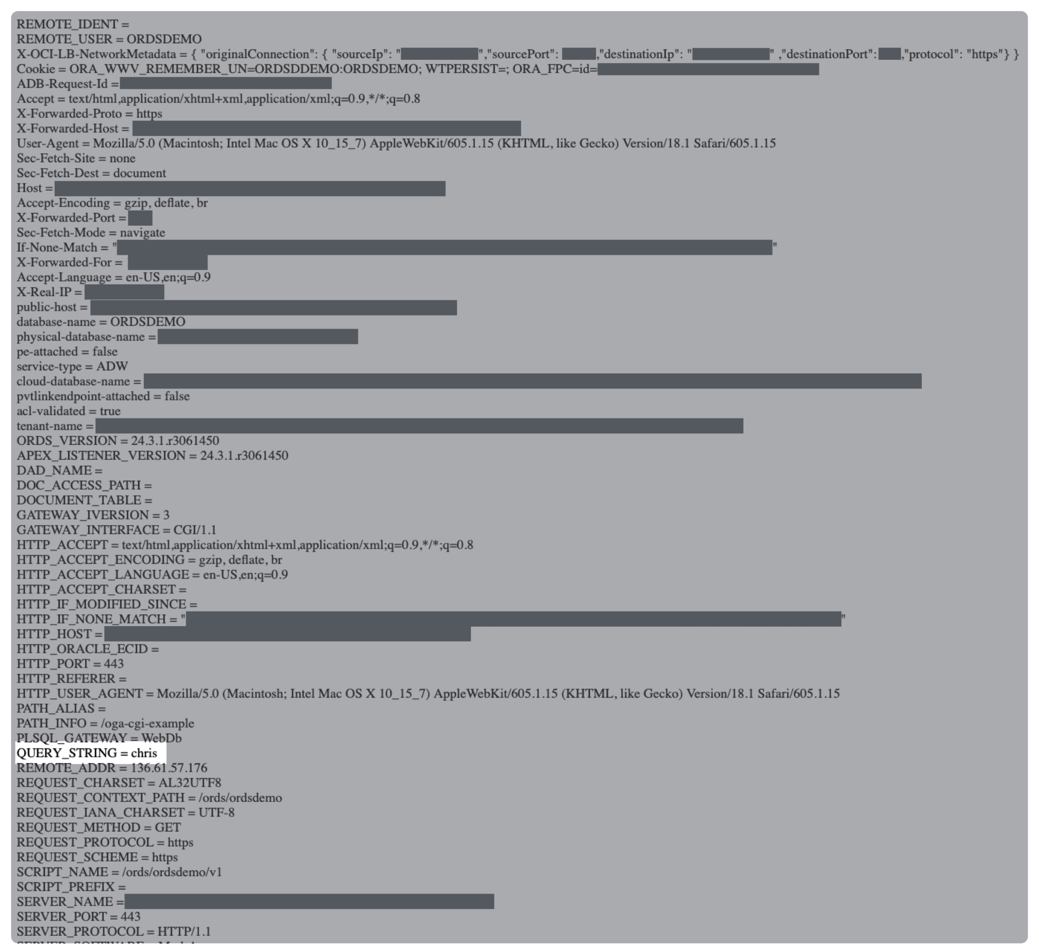 An ORDS GET request to retrieve CGI Environment variables from the PRINT_CGI_ENV PL/SQL ...